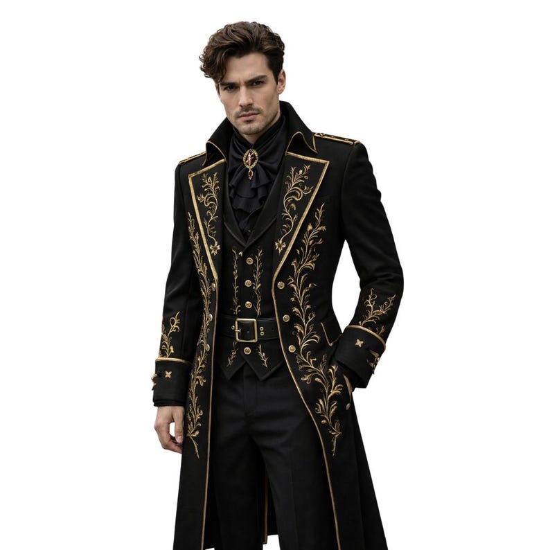 Gothic Vampire Tailcoat Cotton - Victorian Embroidered Long Coat for ...