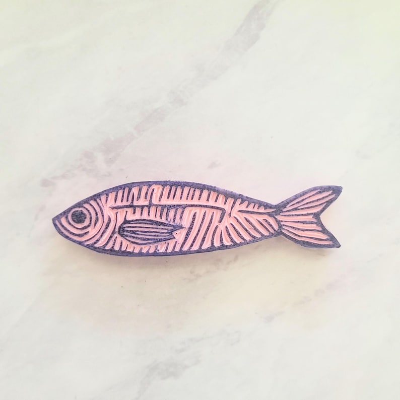 Hand Carved Sardine Rubber Stamp: Fish Block Printing for Scrapbooking ...