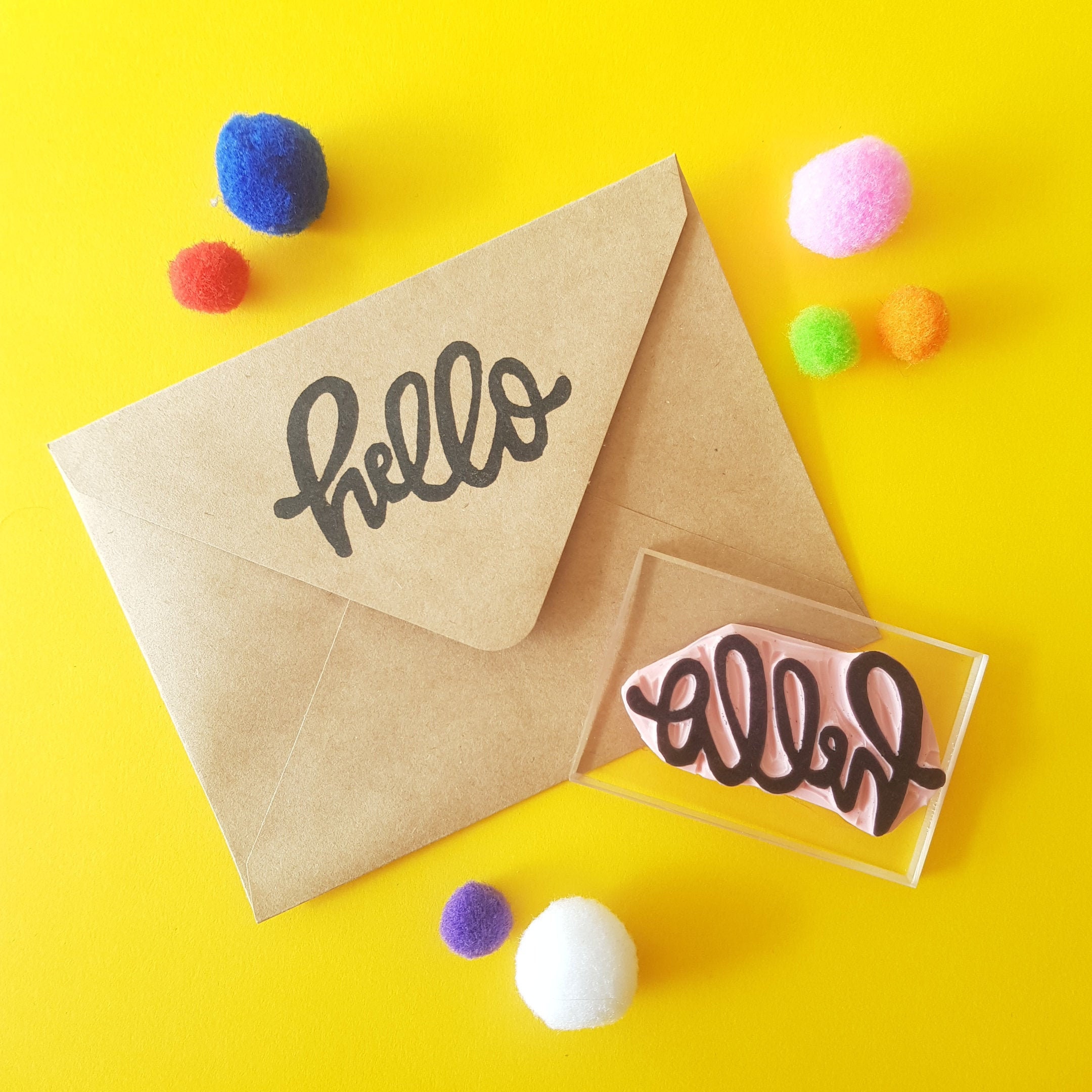 Hello Rubber Stamp Hand Carved Hello Stamp in Bouncy Cursive - Etsy UK