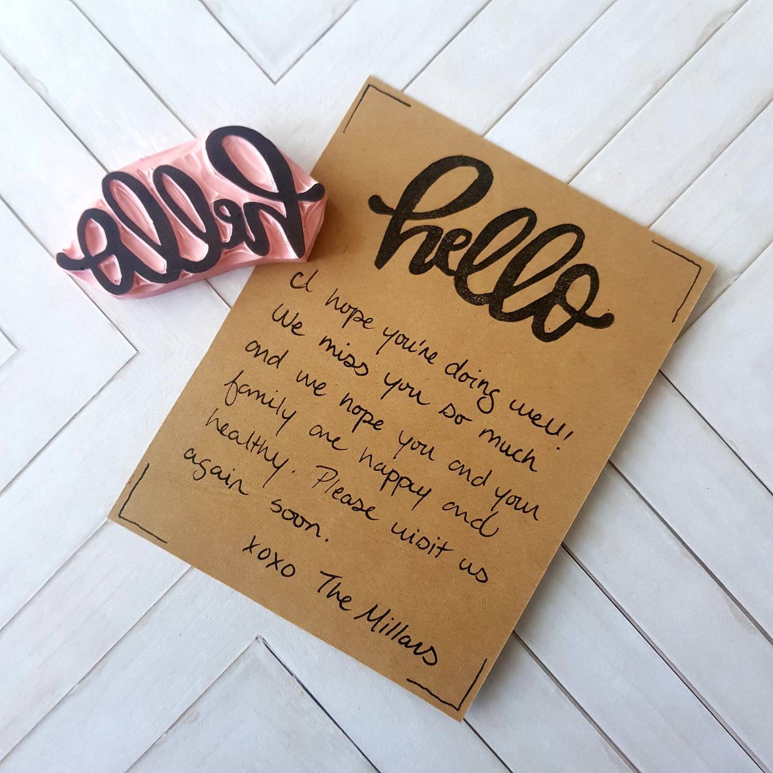 Hello Rubber Stamp Hand Carved Hello Stamp in Bouncy Cursive - Etsy UK