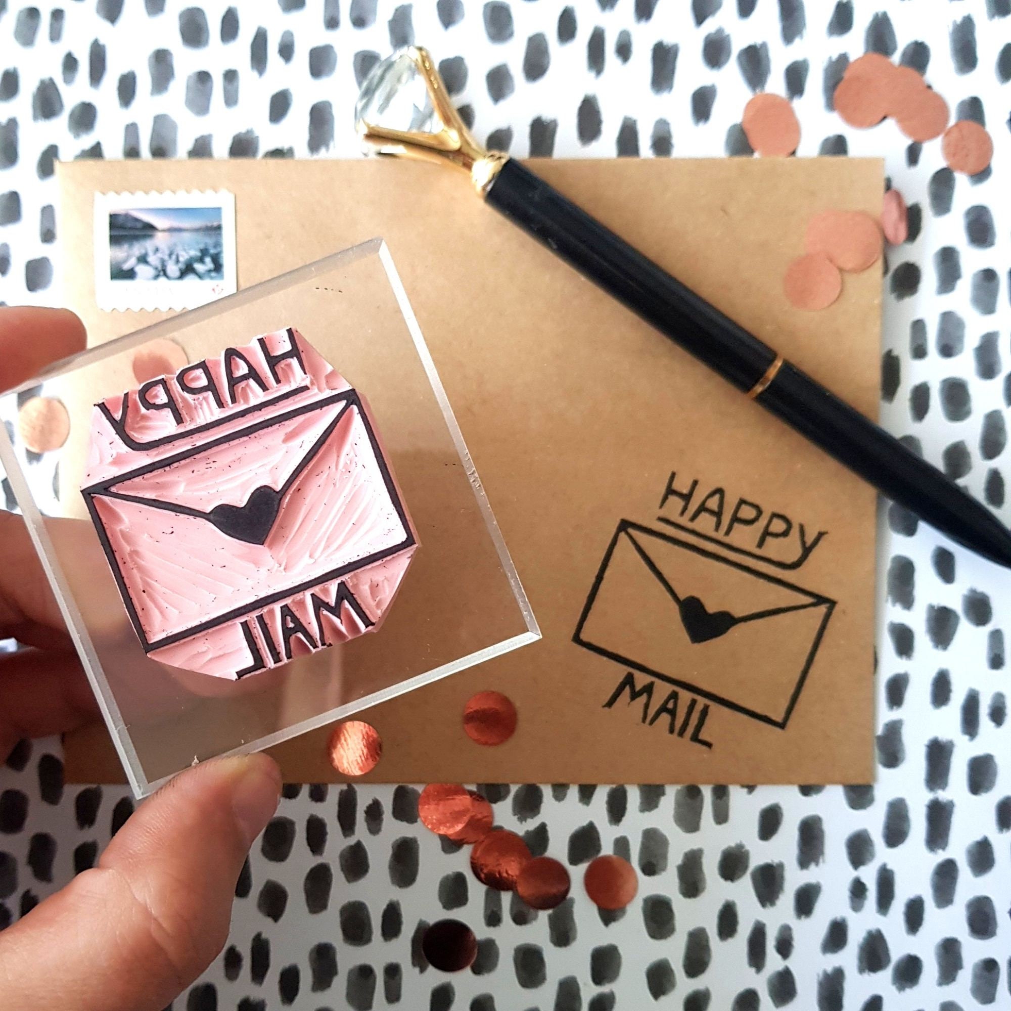 Happy Mail Rubber Stamp Letter Writing Stamp Mail With Heart | Etsy