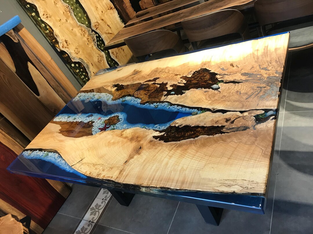 Personalized Ash Wood Epoxy Resin Table: Live Edge Ocean Coffee Table ...