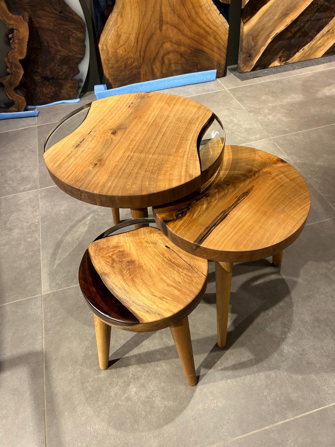 In-stock Walnut Wood Nesting Coffee Table Set,clear Epoxy Side Tables ...