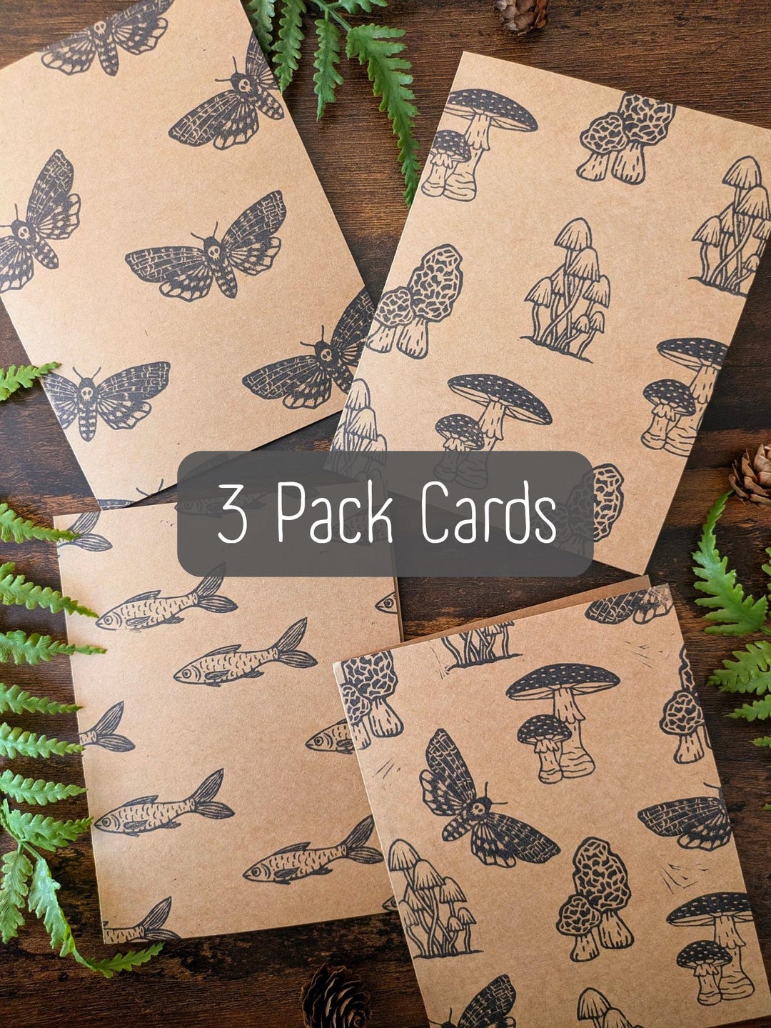 3 Pack Original Handmade Linocut Cards // Cottagecore Patterns - Etsy