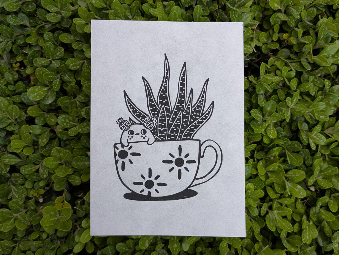Original Handmade Linocut Print // Zebra Plant Teacup With Forest ...