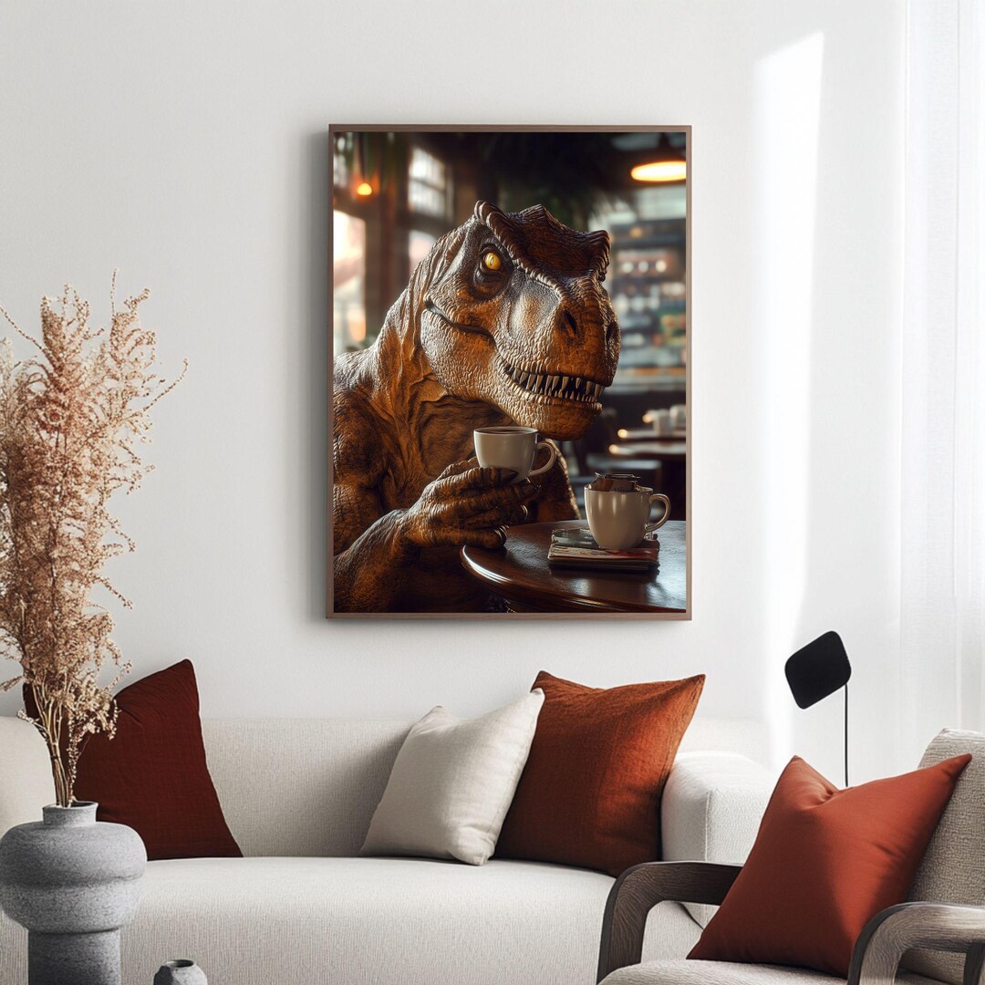 T-rex Drinking Coffee Digital Download Art, Funny Dinosaur Art, Home ...
