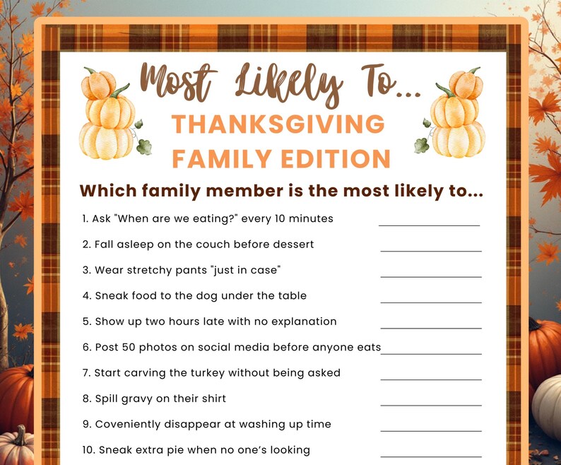 Thanksgiving Family Game Printable, Family Dinner Game Most Likely to ...
