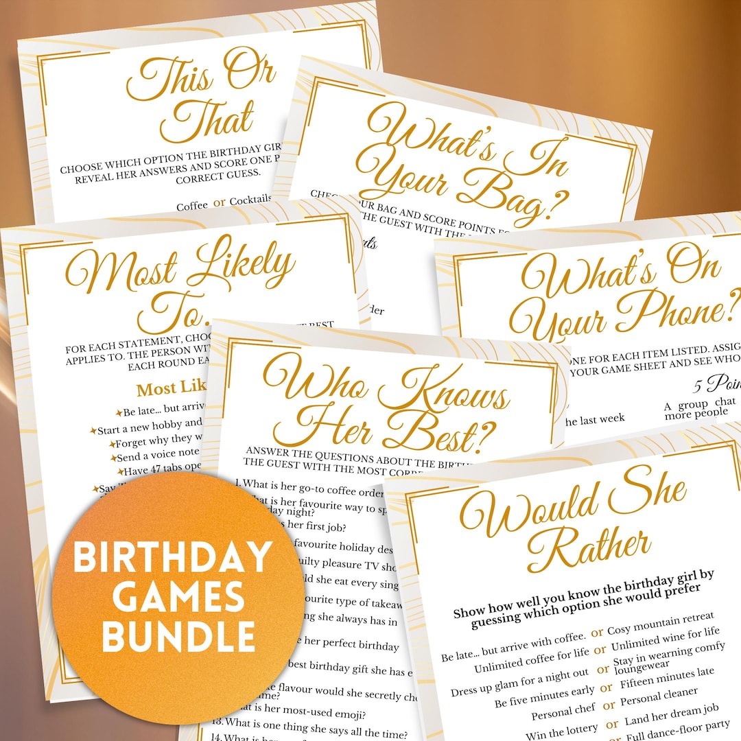 Elegant Gold Birthday Party Games Bundle, Game Printable, Adult Game ...