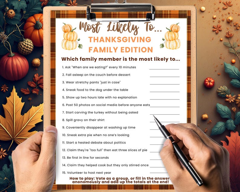Thanksgiving Family Game Printable, Family Dinner Game Most Likely to ...