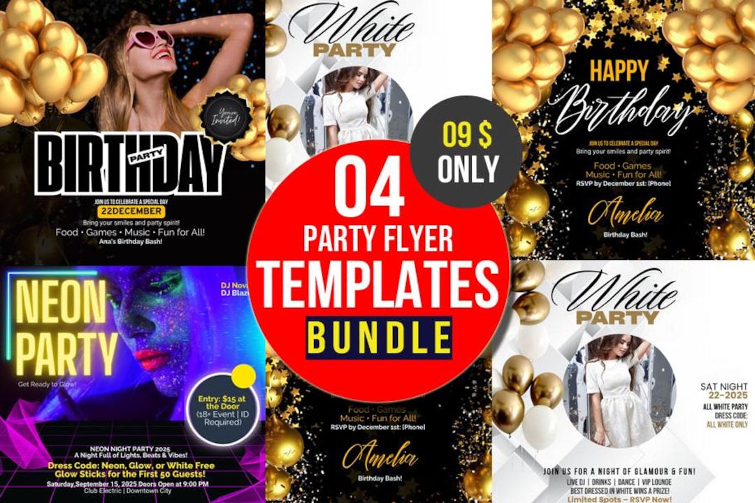 4 Editable Party Flyers Bundle | Canva Templates for Birthday, White ...