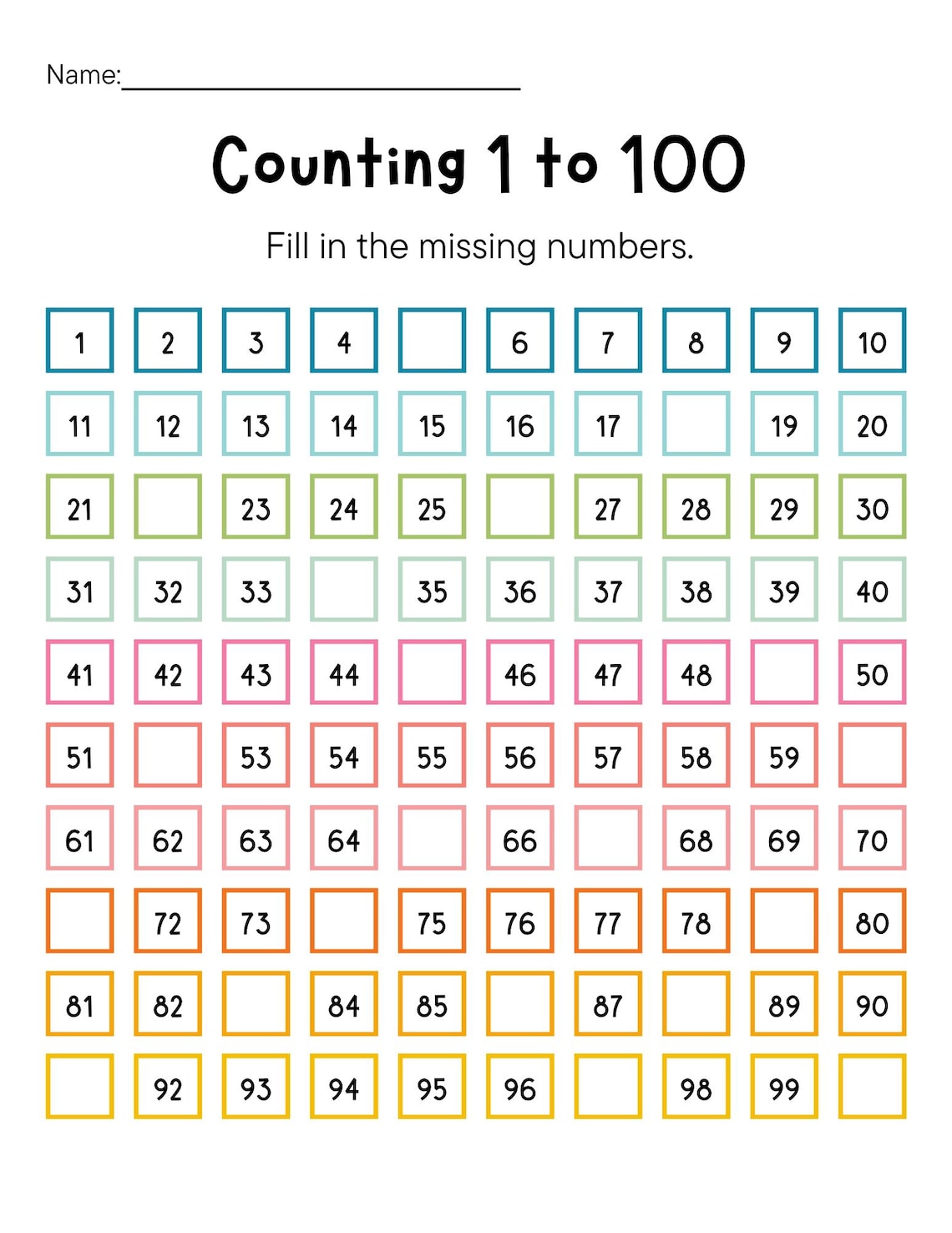 Fill in the Missing Numbers 1-100 -PNG Format Print - Etsy