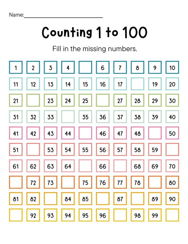 Fill in the Missing Numbers 1-100 -PNG Format Print - Etsy