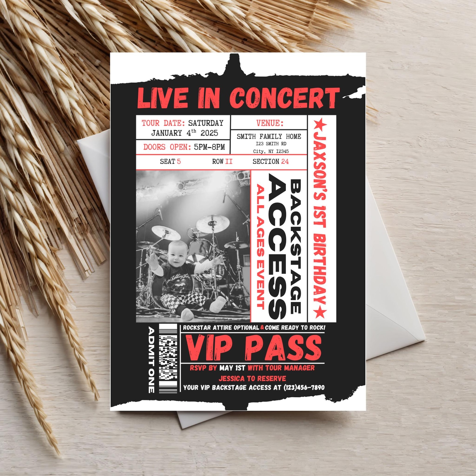 Rockstar Birthday Invitation: VIP Concert Ticket, Editable Template ...