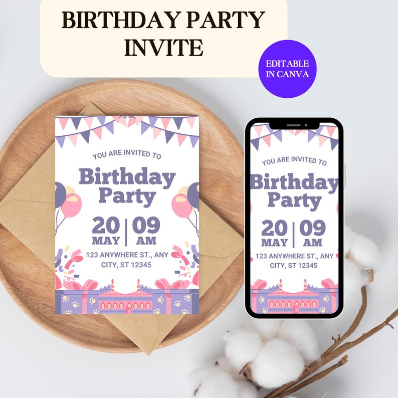 Girls Simple Birthday Party Invitation Template Printable Birthday ...