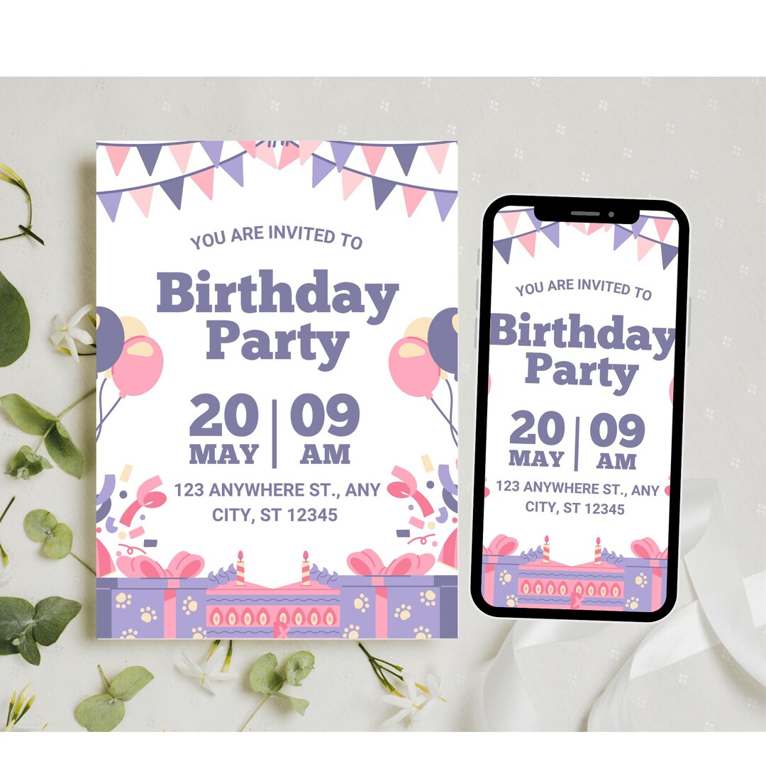 Girls Simple Birthday Party Invitation Template Printable Birthday ...