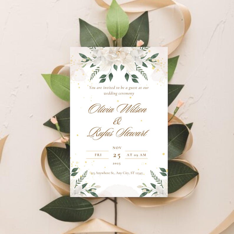 Greenery Gold Wedding Invitation Template: Elegant DIY Printable ...