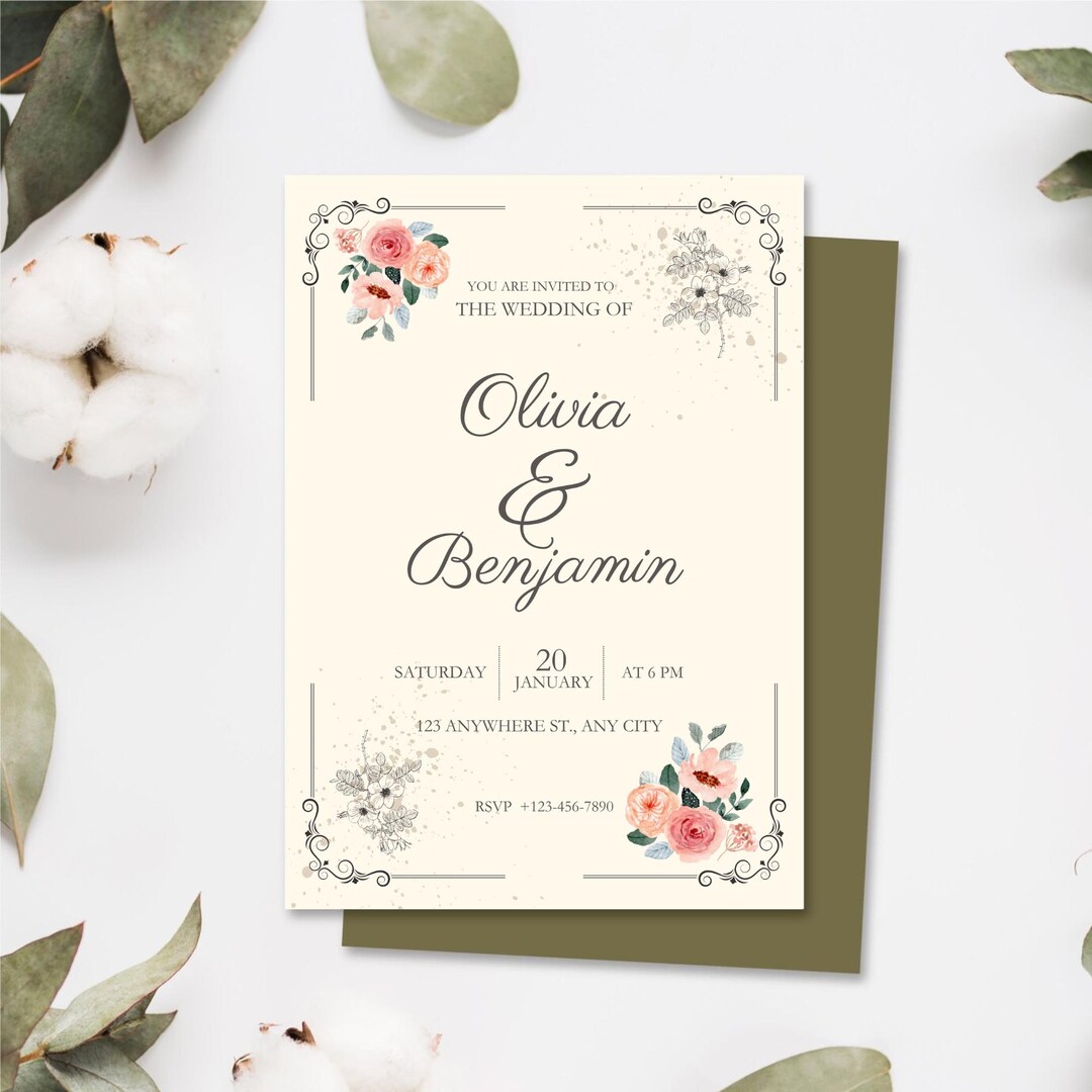 Classical Wedding Invitation Template Customizable Elegant Vintage Rose ...