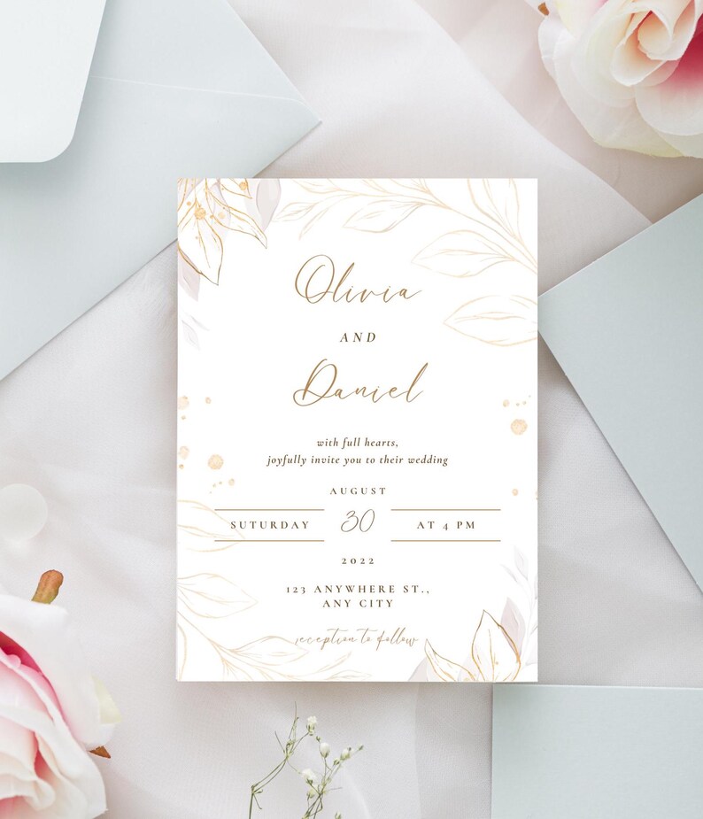 Wedding Invitation Template Gold Minimalist Wedding Design Floral ...