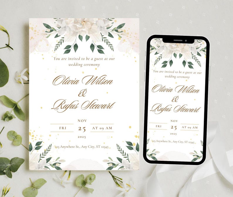 Greenery Gold Wedding Invitation Template: Elegant DIY Printable ...