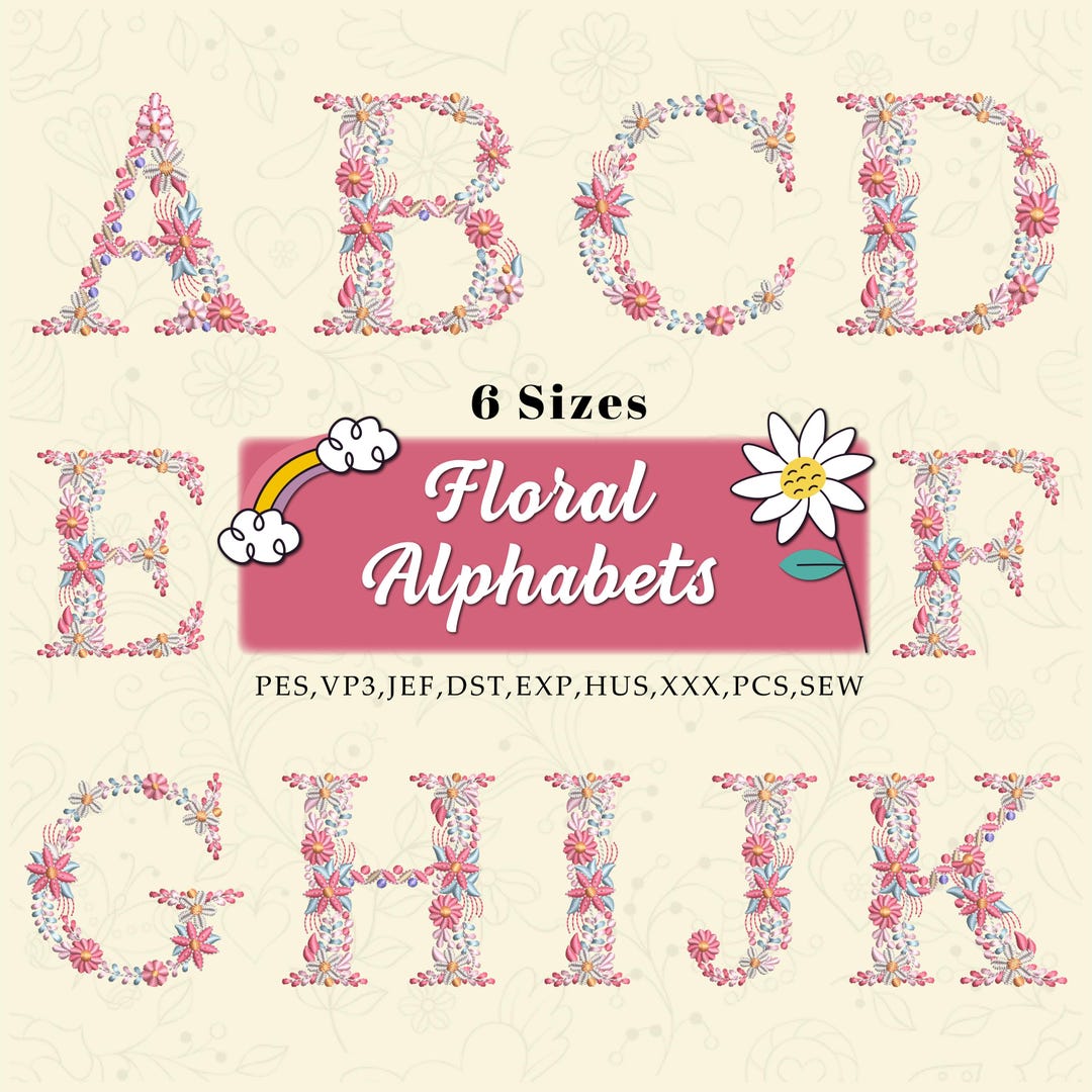 Floral Alphabet Embroidery Designs: A to Z Uppercase Letters (instant ...