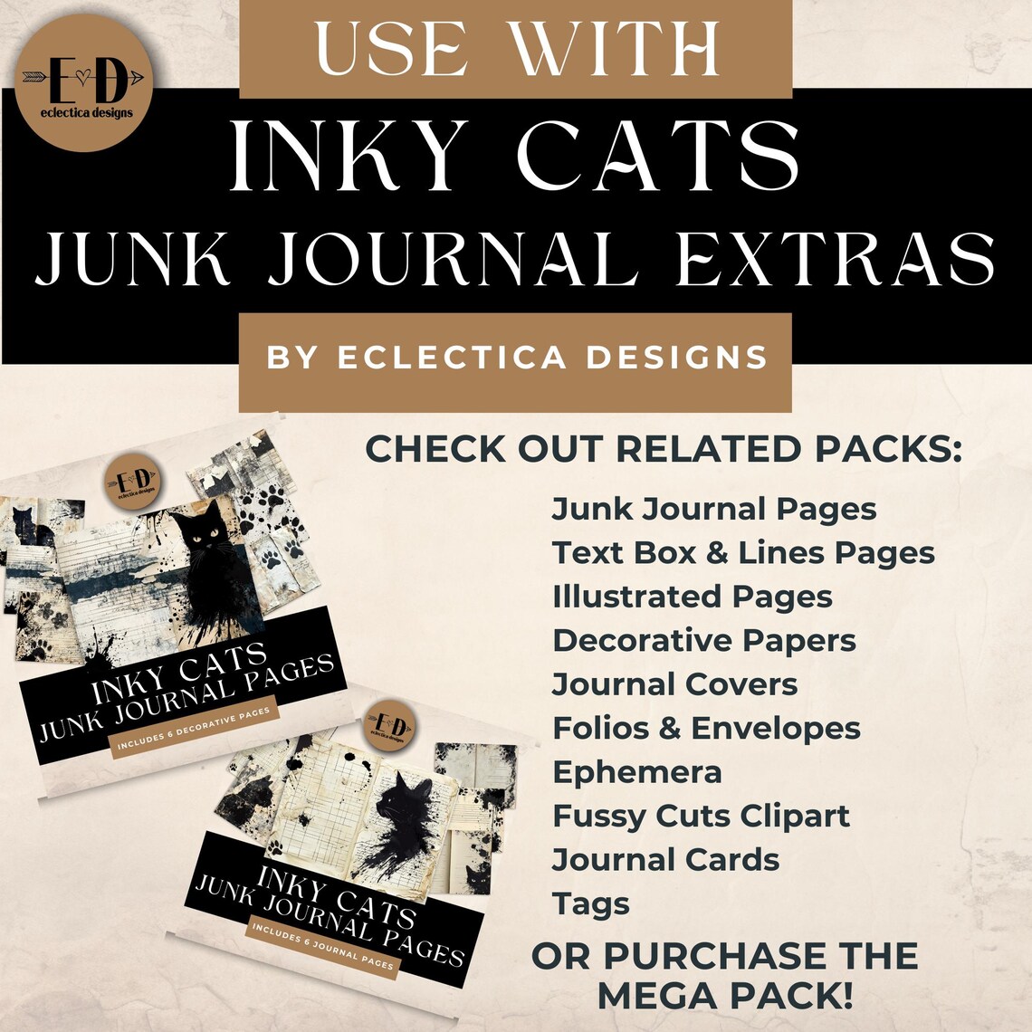 Inky Cats Junk Journal Digital Paper, 6 Digital Journal Pages, Cat Junk ...