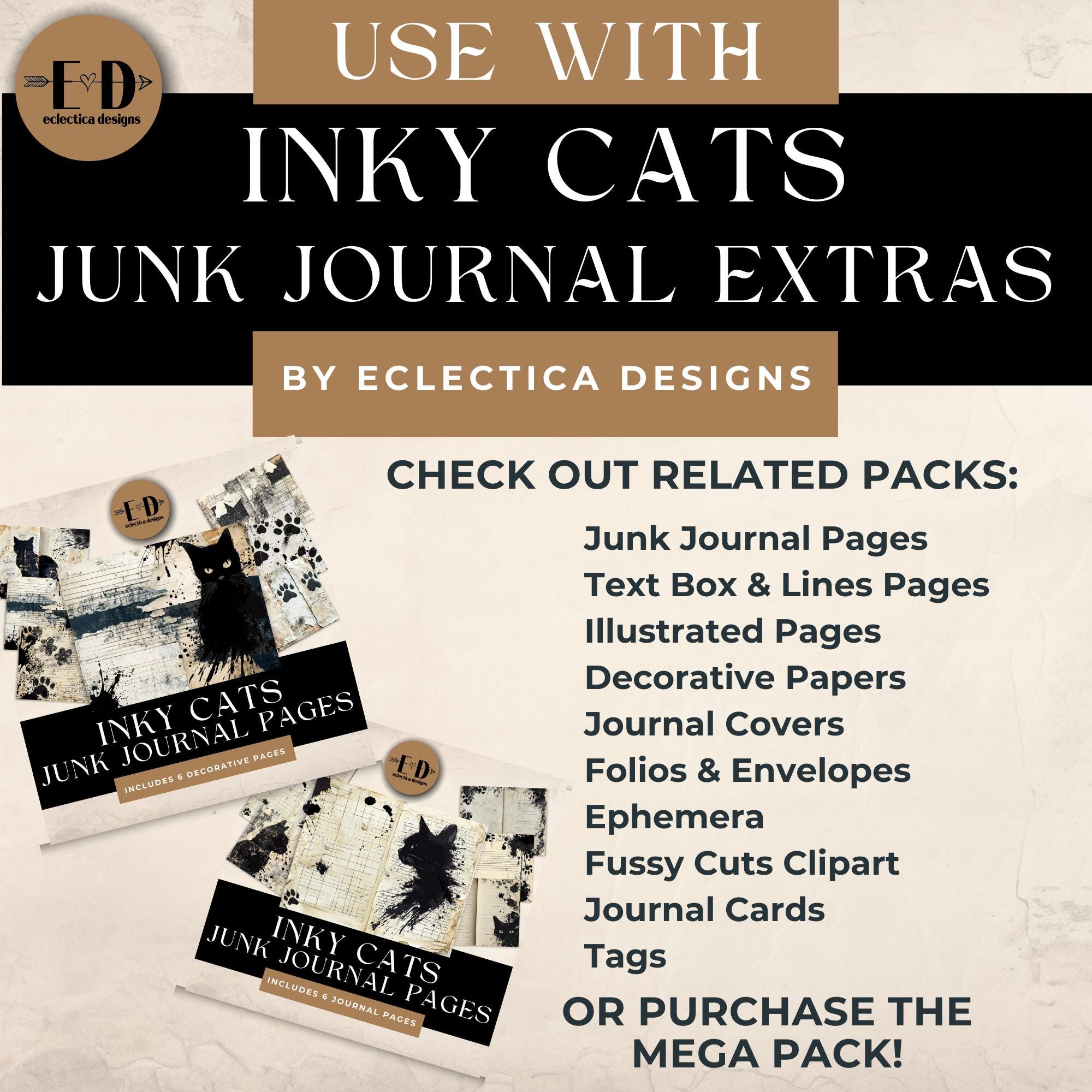 Inky Cats Junk Journal Digital Paper, 24 Digital Journal Pages, Cat ...