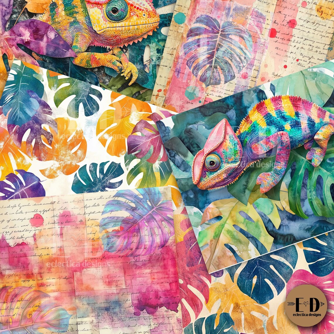 Chameleon Junk Journal Kit Digital Paper, Lizard, 6 Digital Journal ...