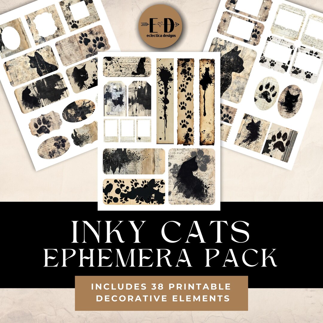 Inky Cats Junk Journal Digital Paper, Digital Journal Ephemera, Cat ...