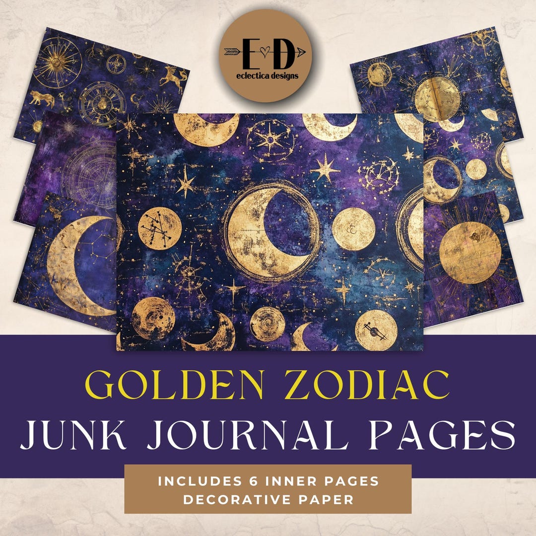 Golden Zodiac Junk Journal Digital Paper, Celestial, 6 Digital Journal ...