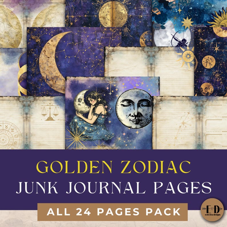 Golden Zodiac Junk Journal Digital Paper, Celestial, 24 Digital Journal ...