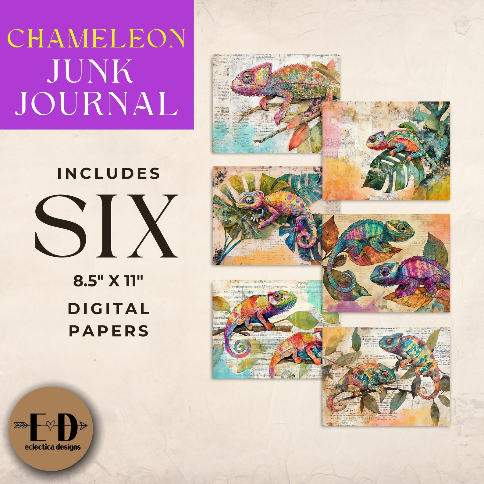 Chameleon Junk Journal Kit Digital Paper, Lizard, 6 Digital Journal ...