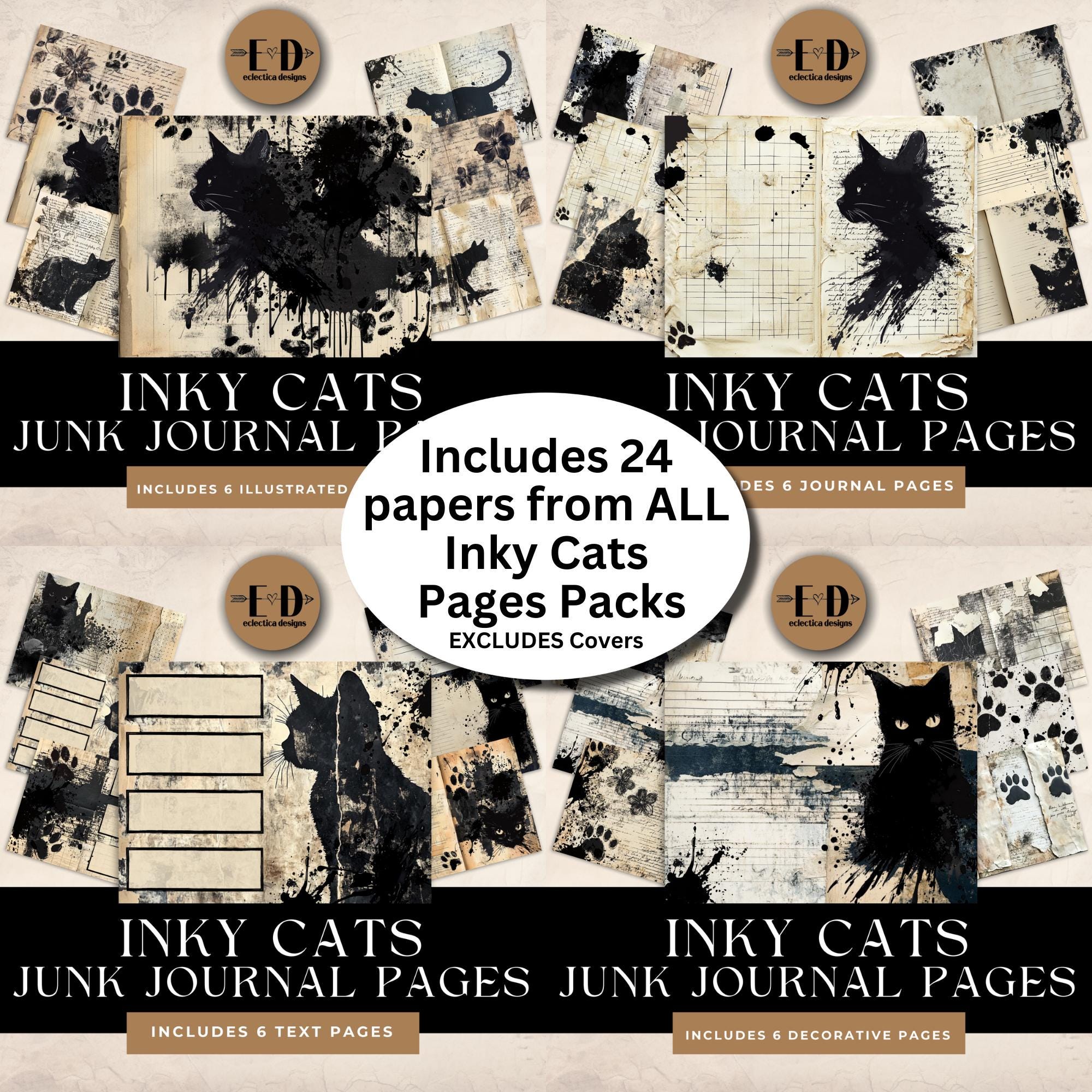 Inky Cats Junk Journal Digital Paper, 24 Digital Journal Pages, Cat ...