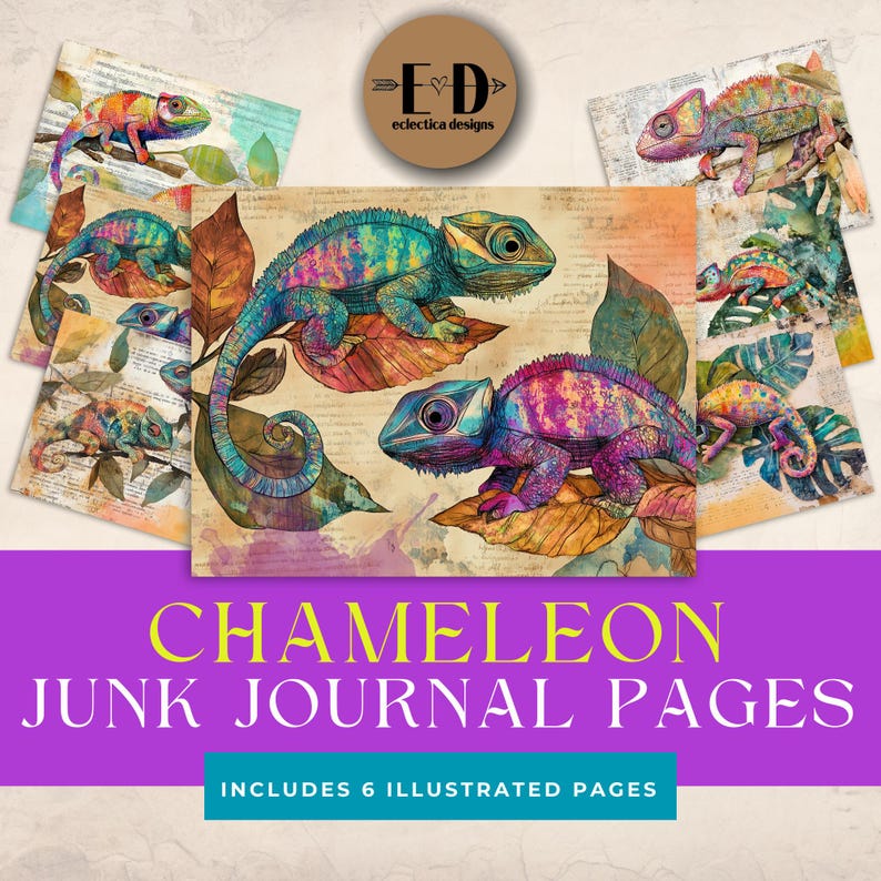 Chameleon Junk Journal Kit Digital Paper, Lizard, 6 Digital Journal ...