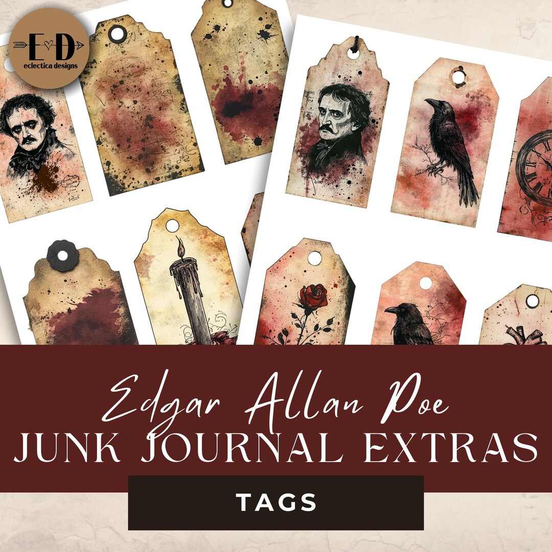 Edgar Allan Poe Junk Journal Digital Tags, Journal Tags, Digital ...
