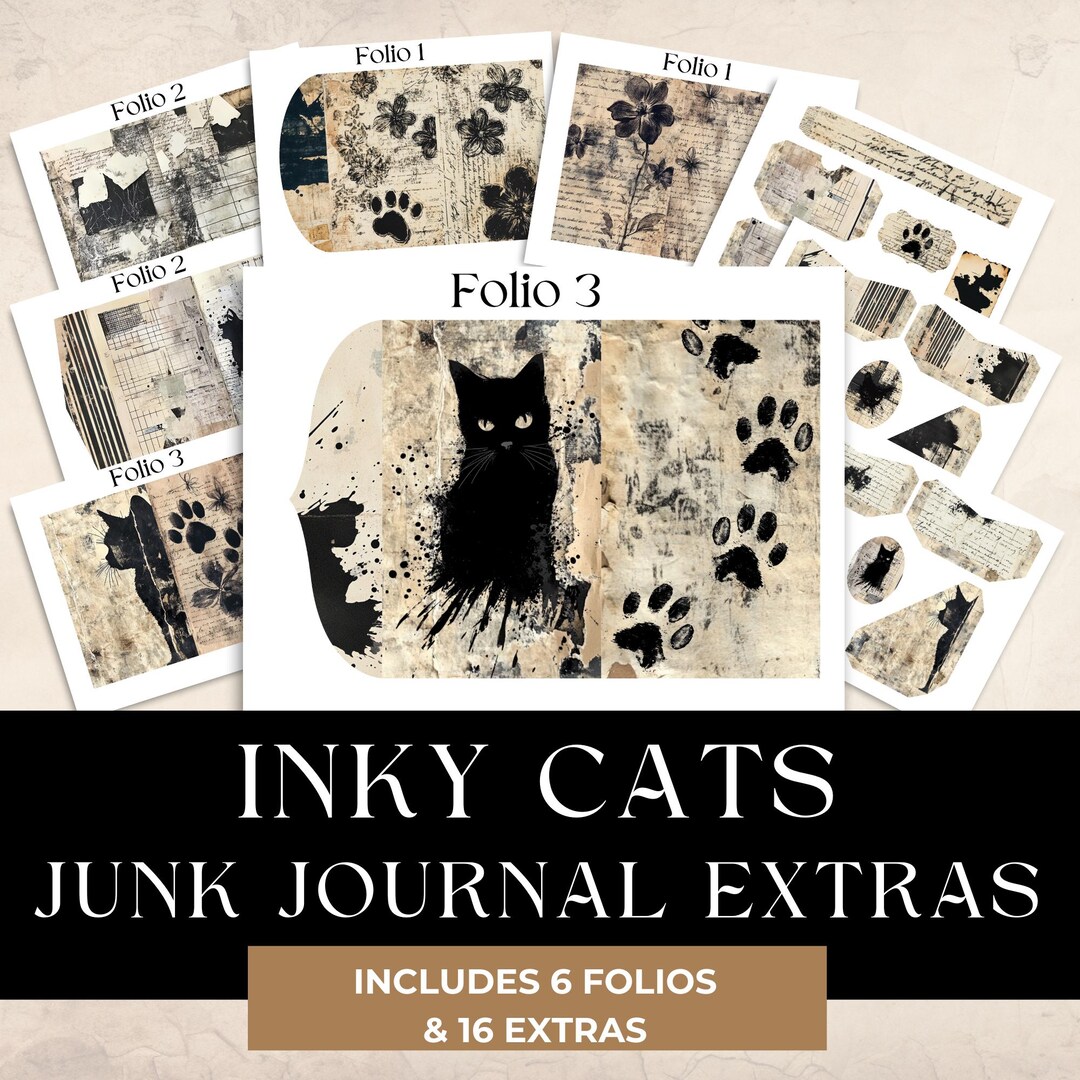 Inky Cats Junk Journal Digital Paper, Digital Journal Pocket Folios ...