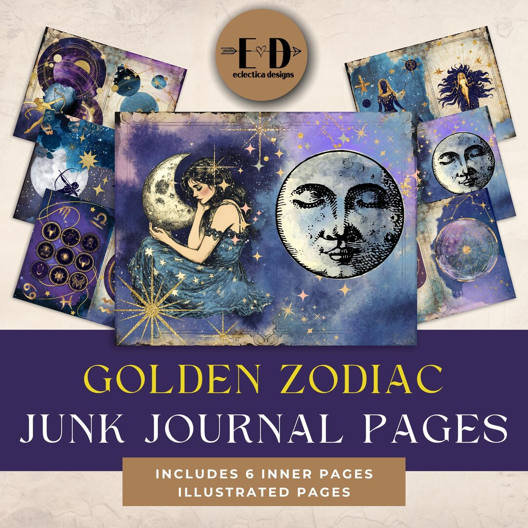 Golden Zodiac Junk Journal Digital Paper, Illustrated Paper, Digital ...