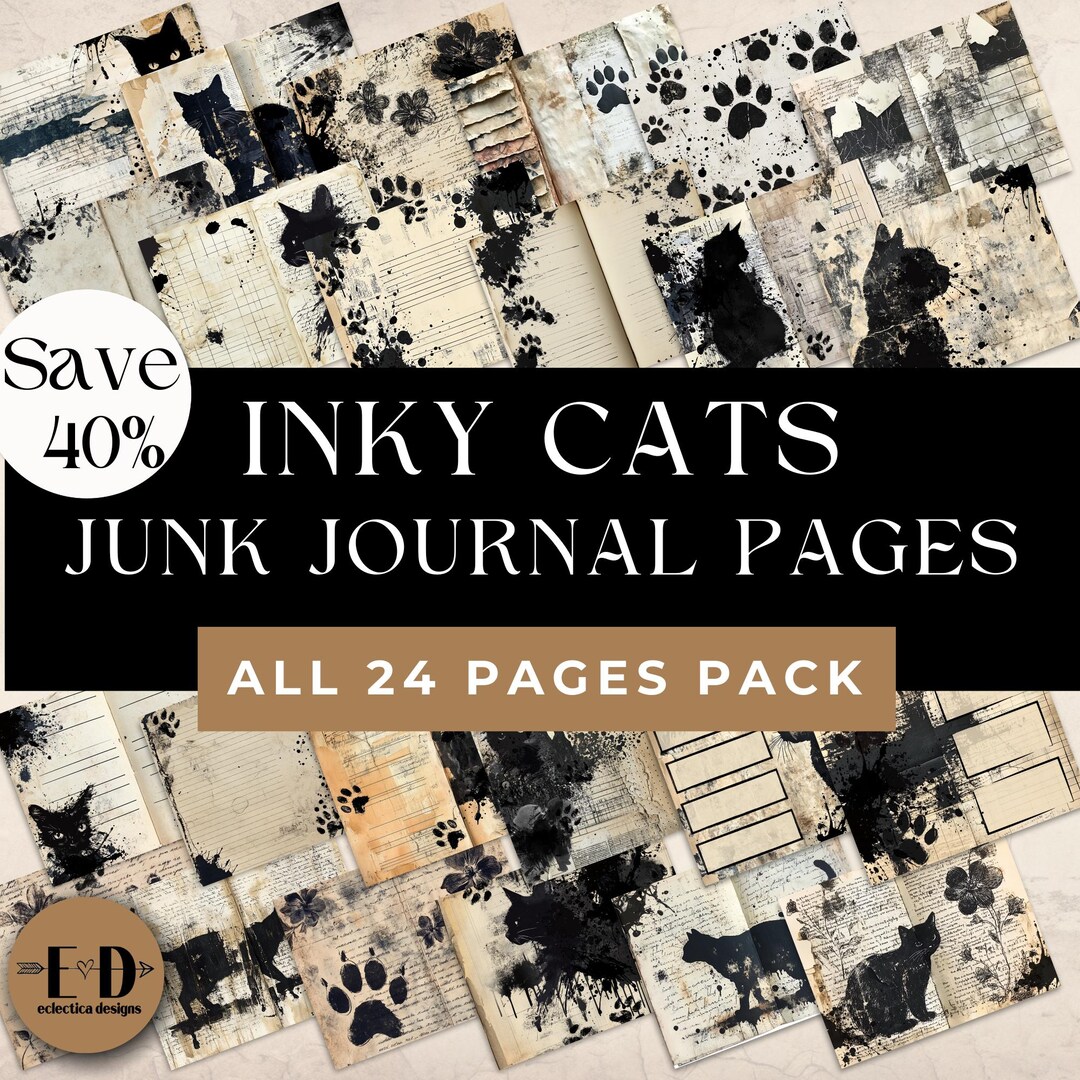 Inky Cats Junk Journal Digital Paper, 24 Digital Journal Pages, Cat ...