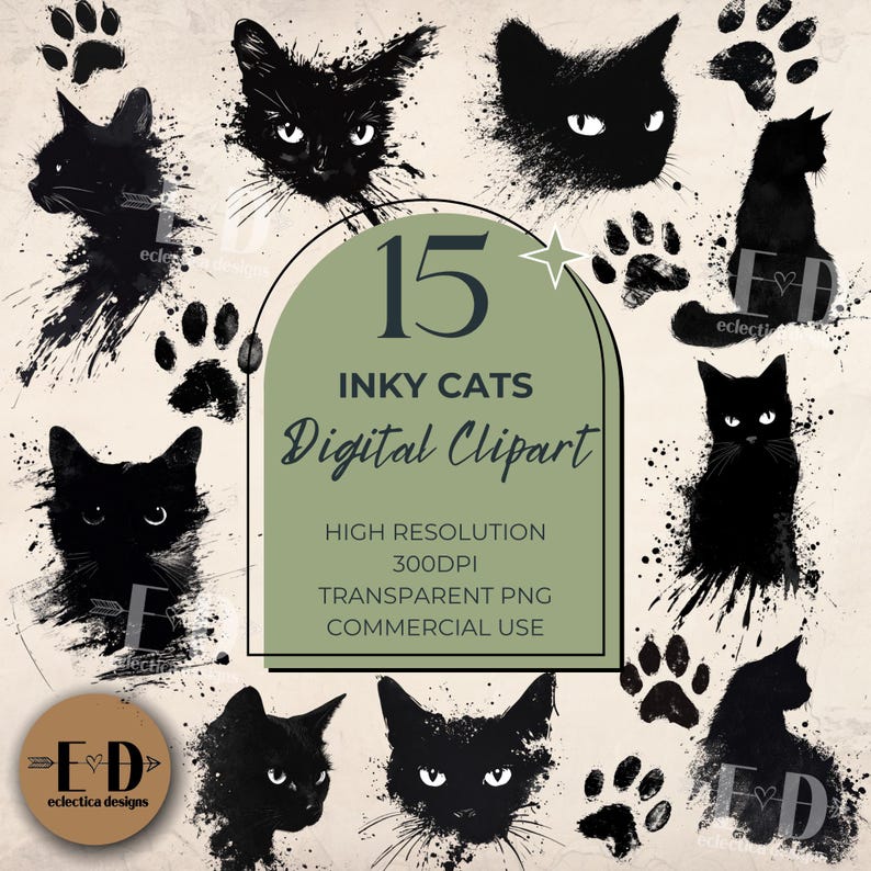Inky Cats Clipart for Commercial Use, 15 Files, Transparent PNG, Cats ...