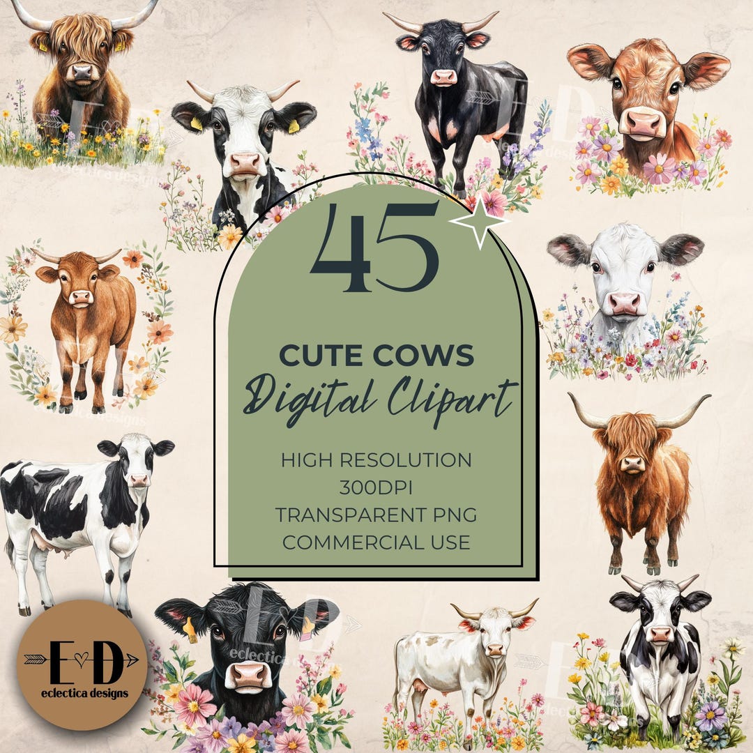 Cute Cows Clipart for Commercial Use, 45 Files, Transparent PNG ...