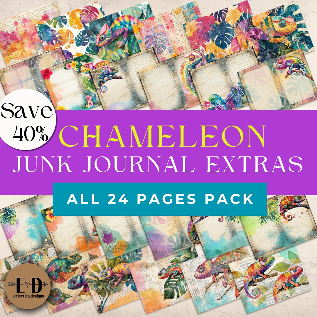 Chameleon Junk Journal Kit Digital Paper, Lizard, 24 Digital Junk ...