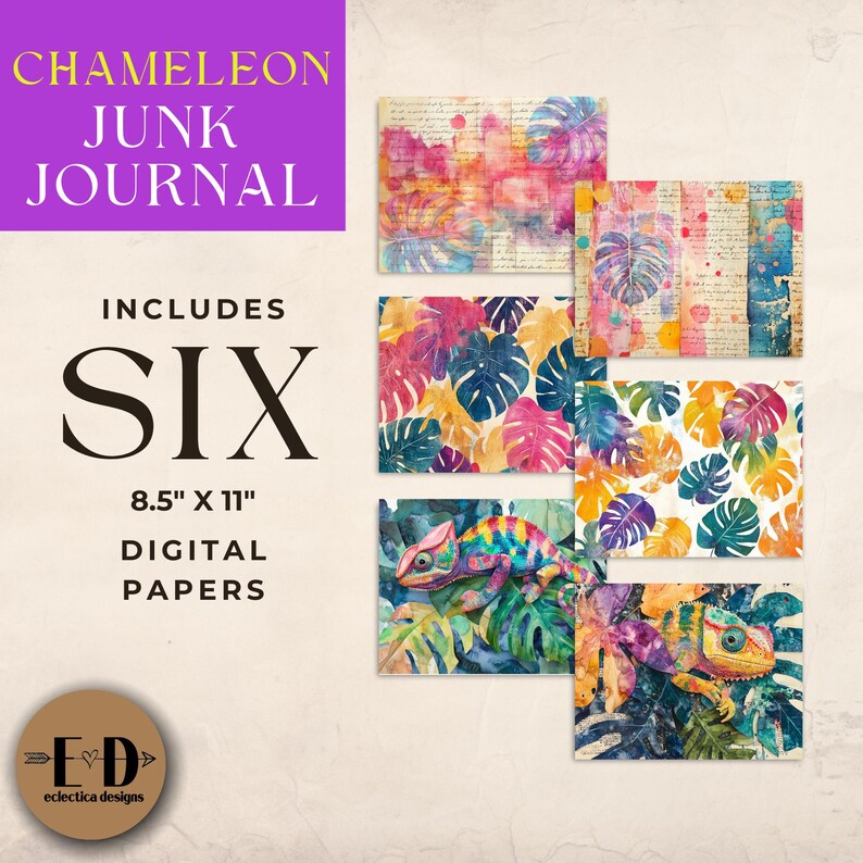 Chameleon Junk Journal Kit Digital Paper, Lizard, 6 Digital Journal ...