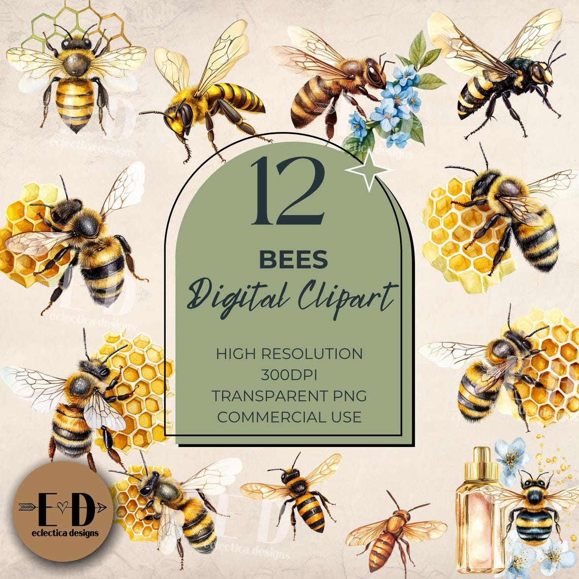 Bees Clipart for Commercial Use, 12 Files, Transparent PNG, Bee, Flower ...