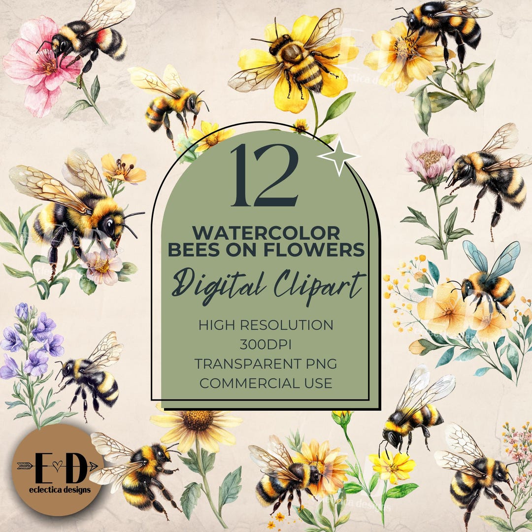 Watercolor Bees on Flowers Clipart for Commercial Use, 12 Files ...