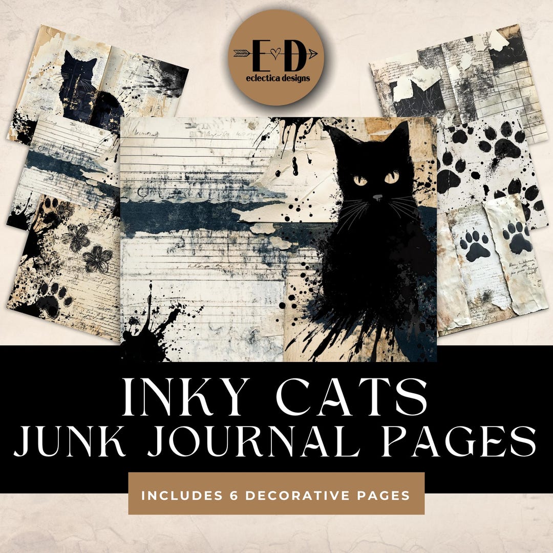 Inky Cats Junk Journal Digital Paper, 6 Digital Journal Pages, Cat Junk ...