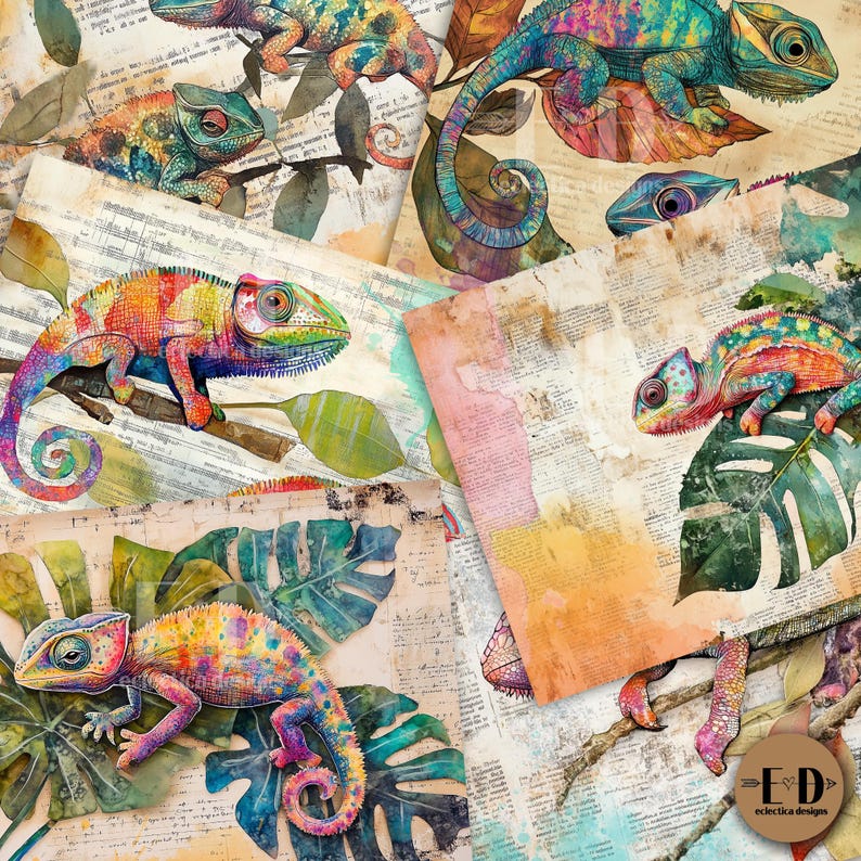 Chameleon Junk Journal Kit Digital Paper, Lizard, 6 Digital Journal ...