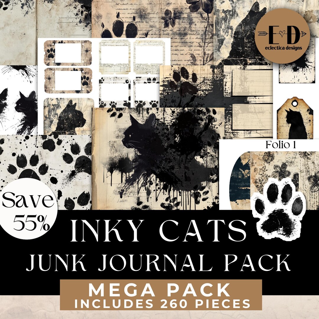 Inky Cats Junk Journal Digital Paper, Digital Junk Journal Mega Pack ...