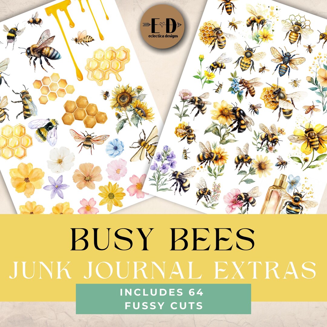 Busy Bees Junk Journal Digital Paper, Digital Journal Fussy Cuts, Bee ...