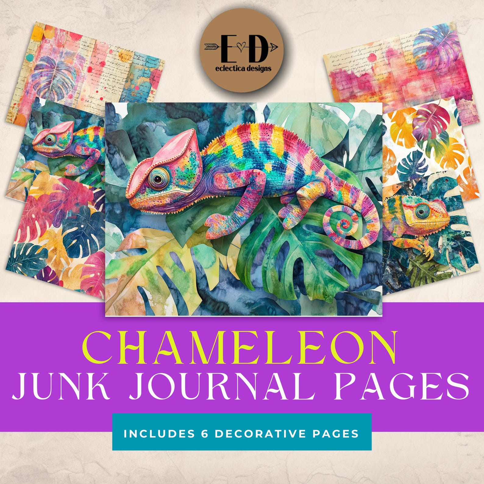 Chameleon Junk Journal Kit Digital Paper, Lizard, 6 Digital Journal ...