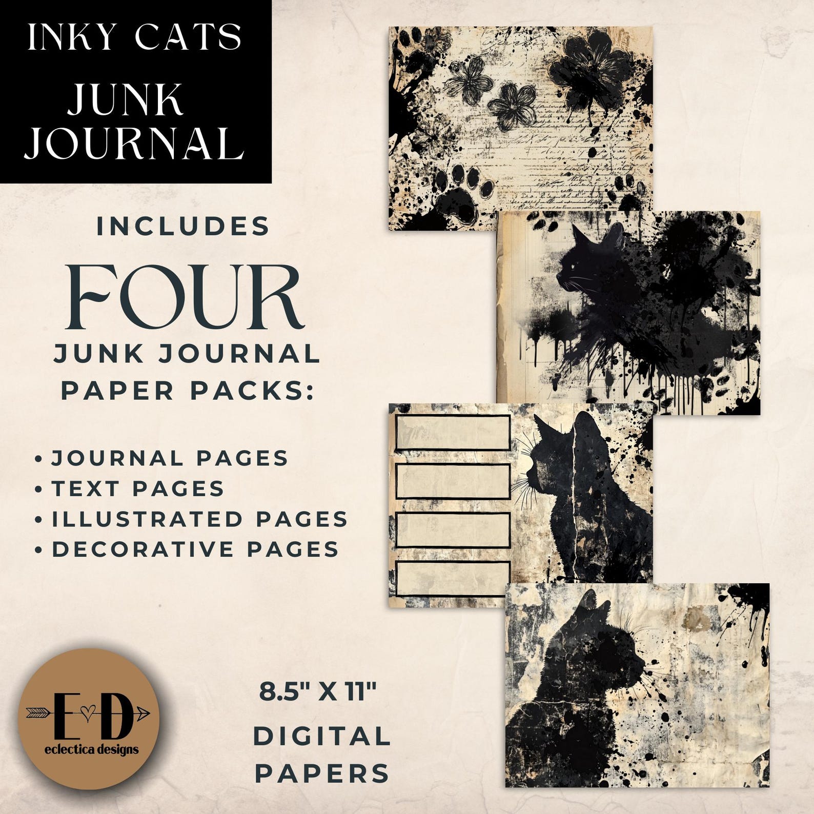 Inky Cats Junk Journal Digital Paper, 24 Digital Journal Pages, Cat ...