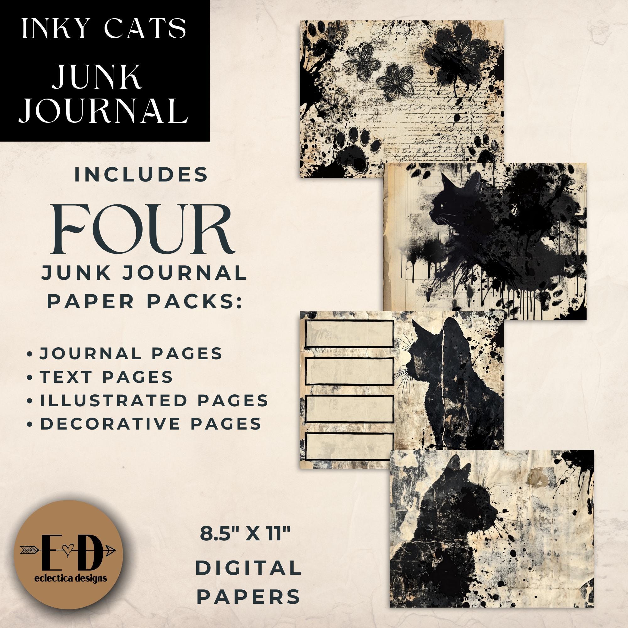 Inky Cats Junk Journal Digital Paper, 24 Digital Journal Pages, Cat ...
